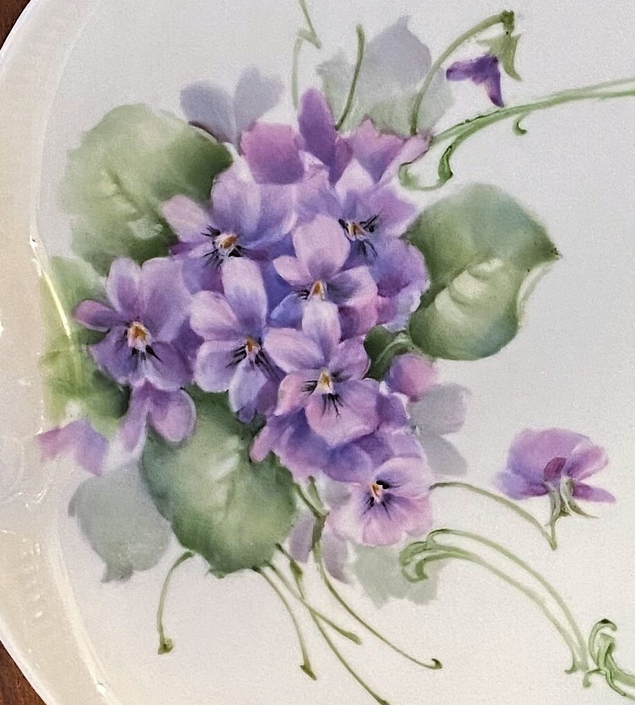Hand Painted VIOLETS Scrolling Oval China Handled Traiy 9 x 13 Signed ...