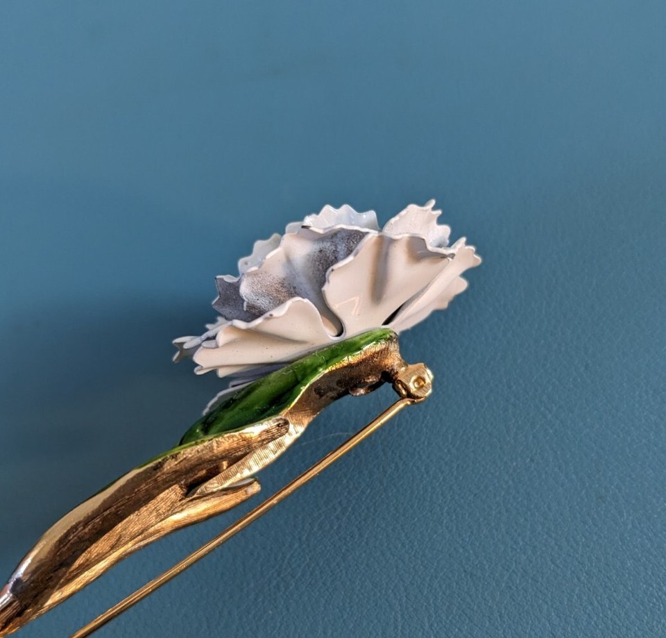 Vintage 4" Enamel Gold White Carnation Flower Pin/Brooch Designer ...
