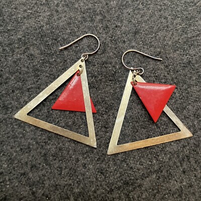 Vintage Retro Triangle Dangle Earrings Silver Red silver Double ...
