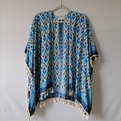 Bobbie & Brooks Blue Open Front Tassel Hem Argyle/Diamond Poncho Shrug ...