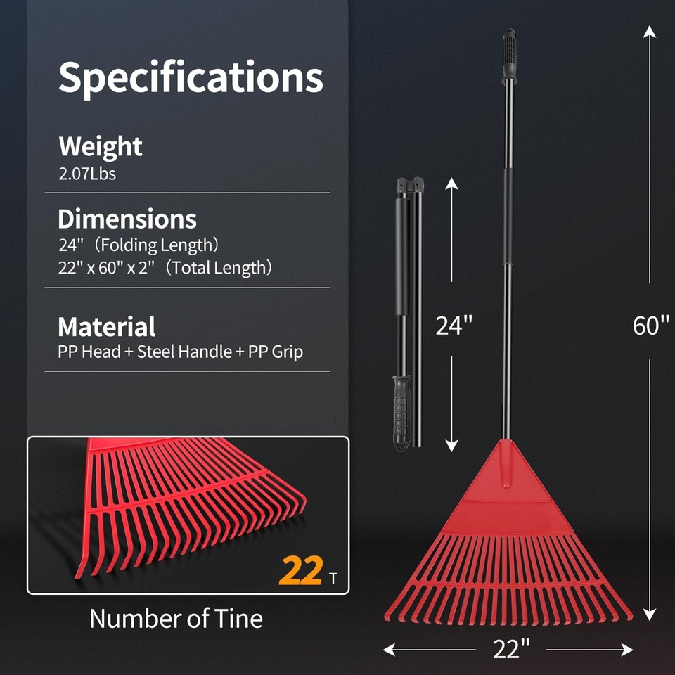 Garden Leaf Rake, 60" Garden Rakes with Foldable Lightweight Steel ...