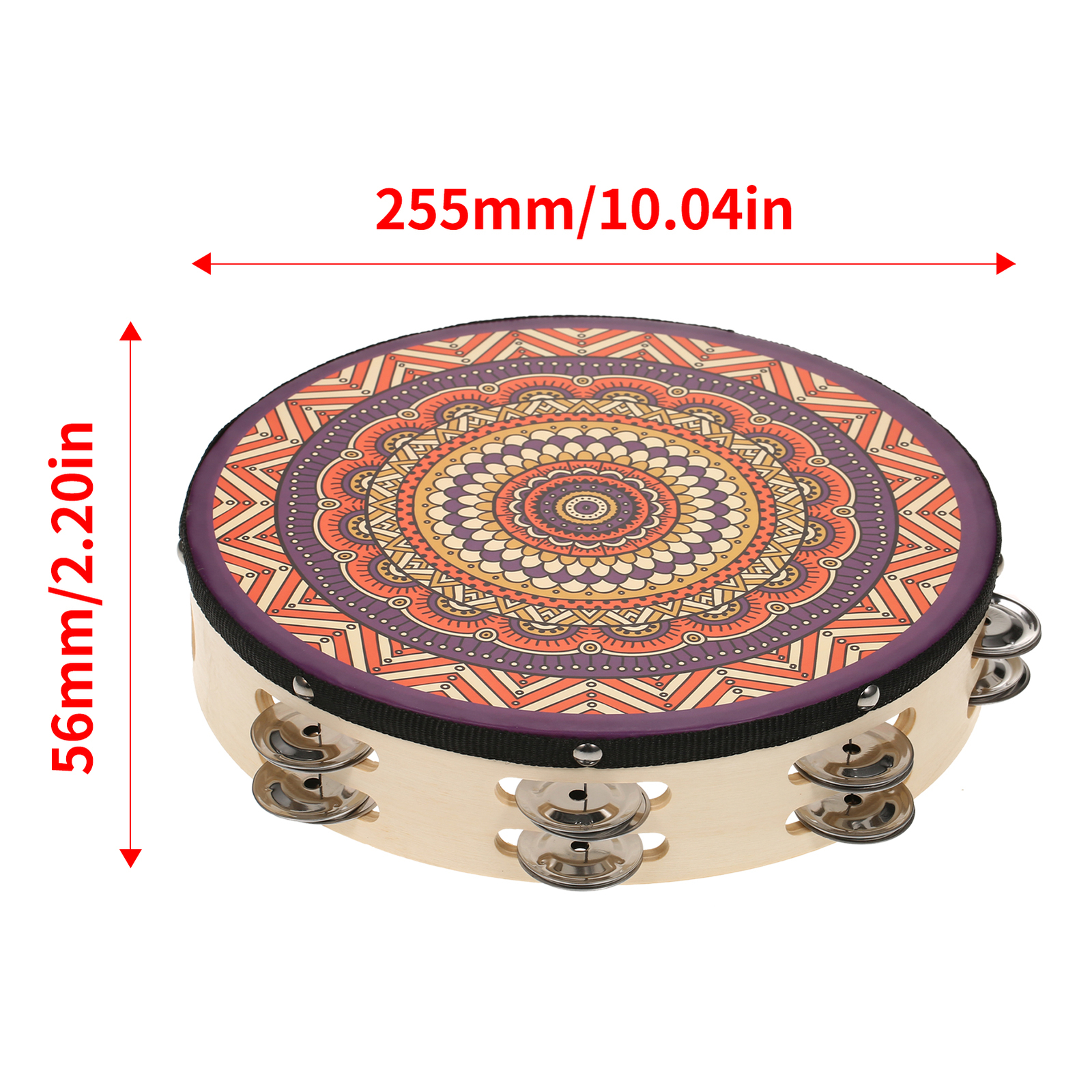 10 Inch Wooden Tambourine Handbell Hand Drum with Double Row 16pcs ...