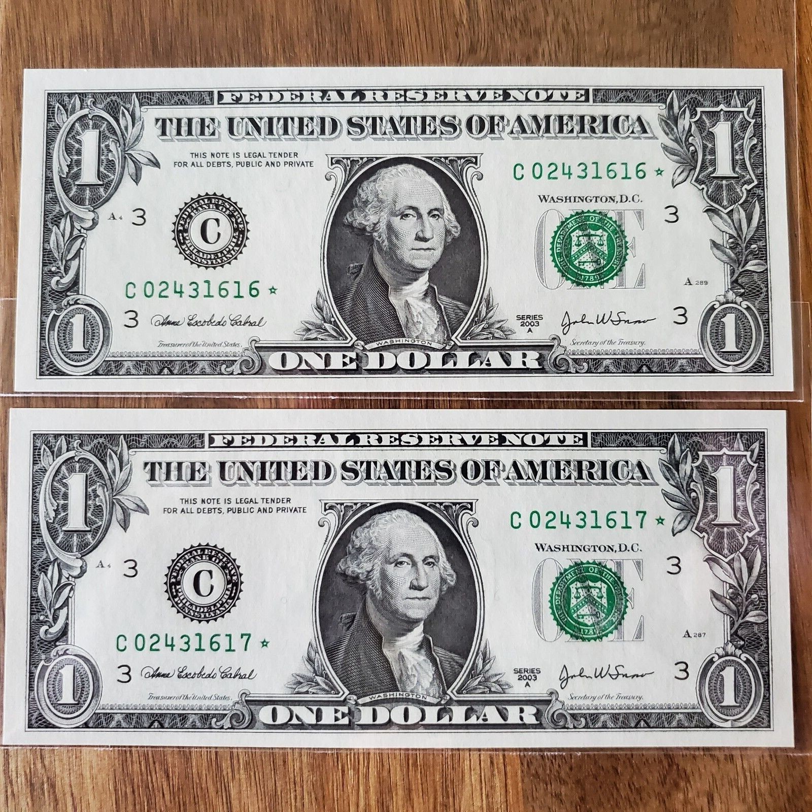 (2) $1 DOLLAR BILL SERIES 2003A STAR NOTE CONSECUTIVE SEQUENTIAL SERIAL ...
