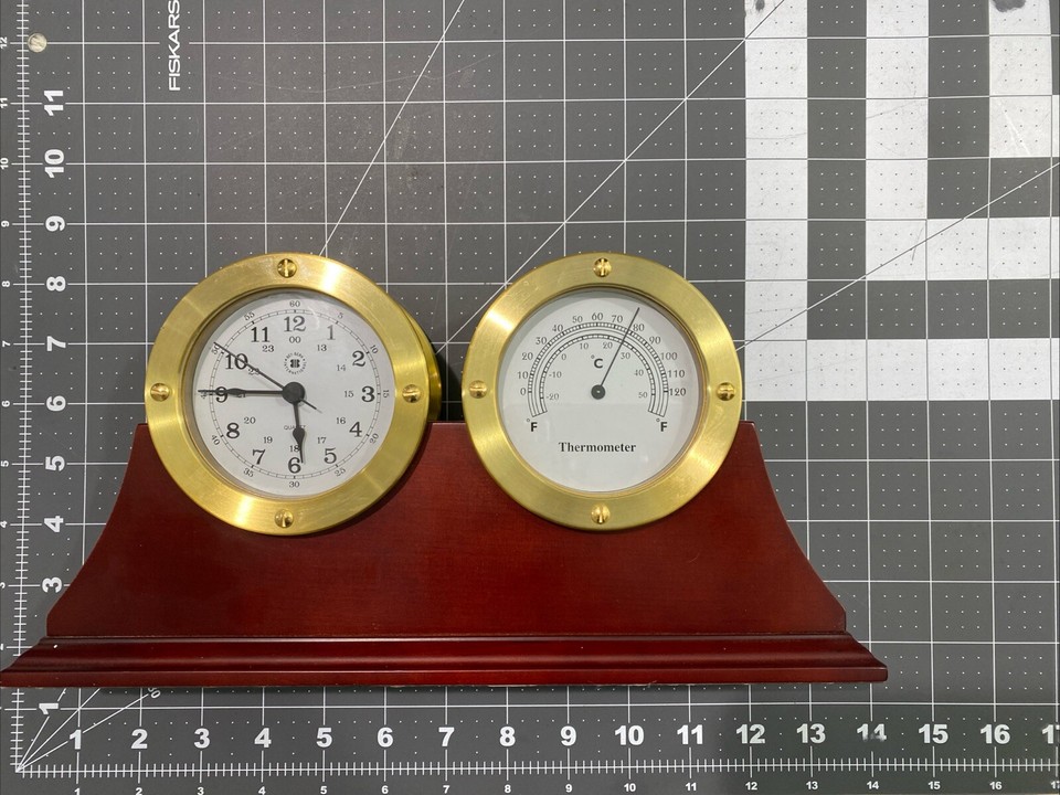 BEY-BERK DESK CLOCK ANALOG BRASS TEMPERATURE CLIMATE BAROMETER MOHOGANY ...