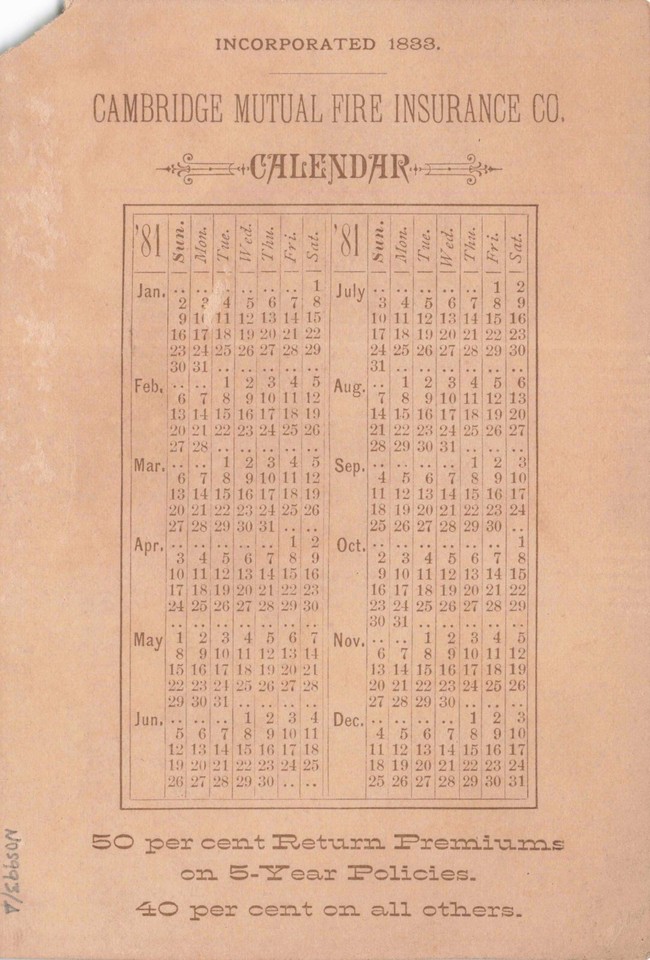 Postcard 1881 Calendar Cambridge Mutual Fire Insurance Co Violet ...
