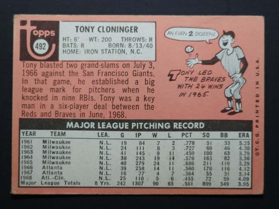 1969 TOPPS BASEBALL #492 TONY CLONINGER CINCINNATI REDS *VGEXC* NO CRS ...