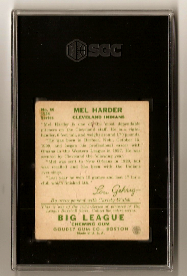 Mel Harder 1934 Goudey #66 SGC 1 PR Cleveland Indians Perfectly ...