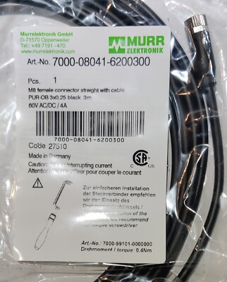 MURR ELEKTRONIK 7000-08041-6200300 M8 3 Pin Female 3 Meters Long PUR ...