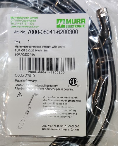 MURR ELEKTRONIK 7000-08041-6200300 M8 3 Pin Female 3 Meters Long PUR ...