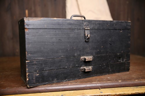 Antique Wooden Fishing Tackle Tool Box Cast Iron Drawer Pulls Handles ...