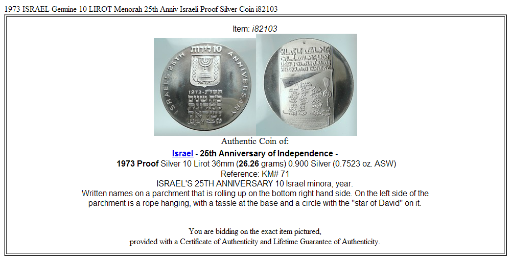 1973 ISRAEL Genuine 10 LIROT Menorah 25th Anniv Israeli Proof Silver ...