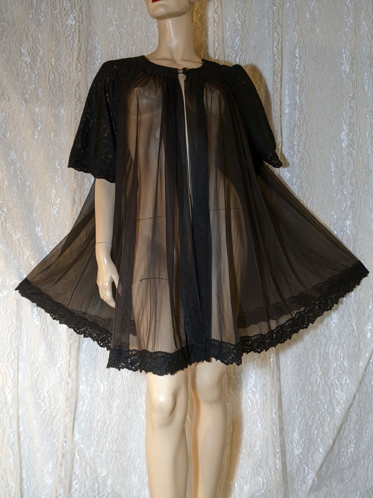 Vintage Shadowline Black Chiffon Lace Lingerie Dressi… - Gem