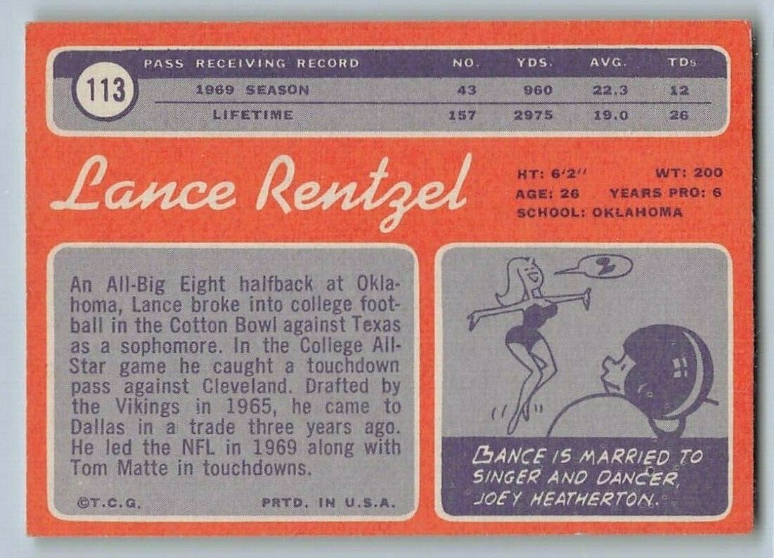 1970 LANCE RENTZEL - Topps Football Card- # 113 - DALLAS COWBOYS | eBay