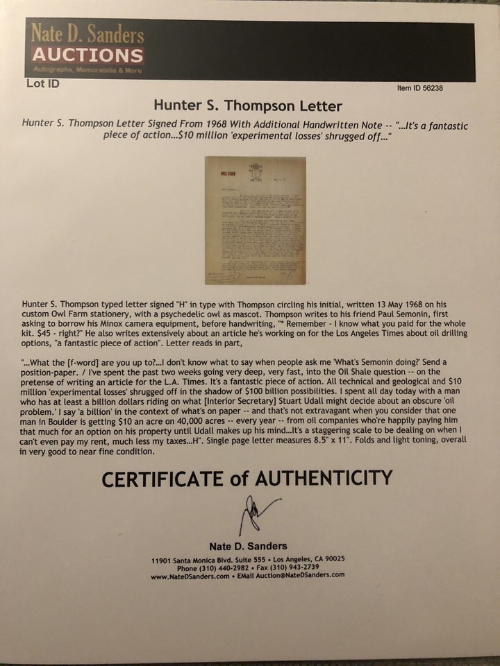 HUNTER S. THOMPSON LETTER ( signed w/ a circled “H” & handwritten ...