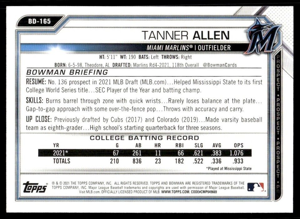 2021 Bowman Draft Tanner Allen G202 Miami Marlins #BD-165 | eBay