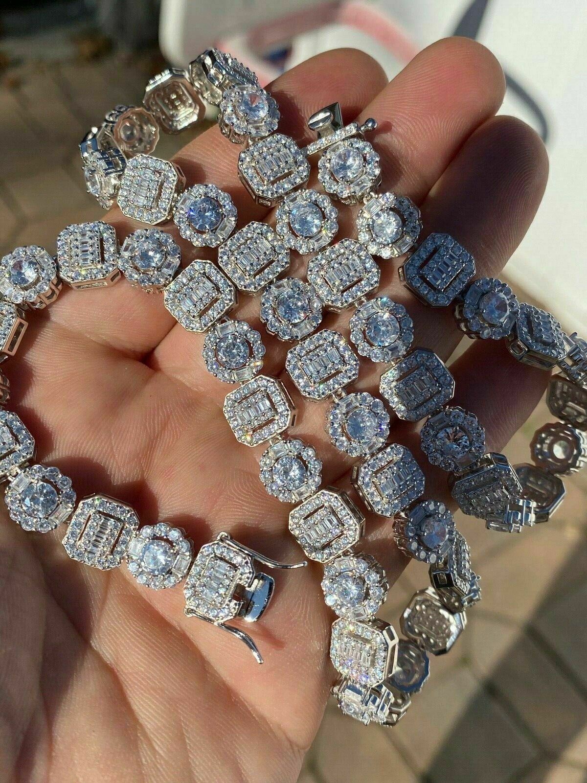 Men's Real Baguette Tennis Chain Real Solid 925 Silver Iced Fully ...