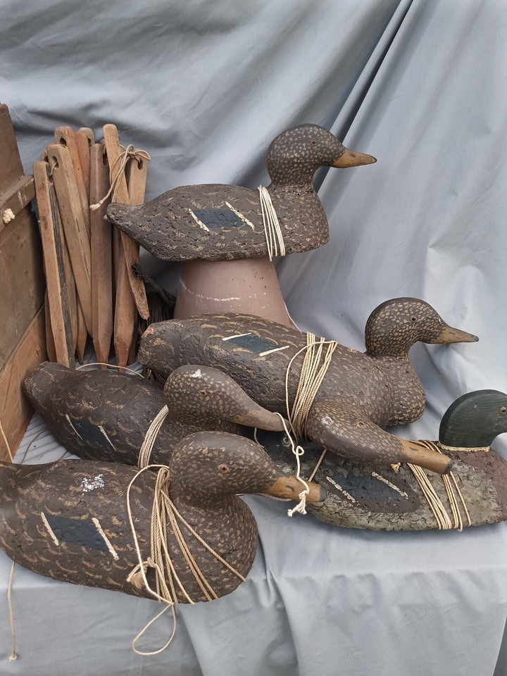 Antique Rig 11 Cork Wood Duck Decoys Decoy w Crate George Klebber St ...