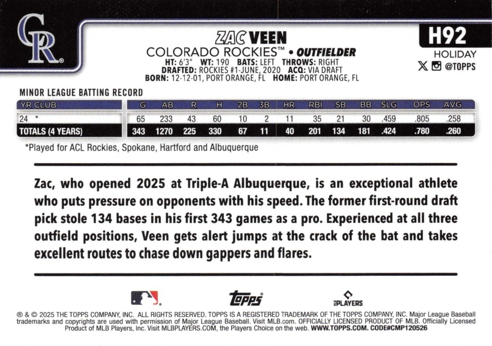 Zac Veen 2025 Colorado Rockies Topps Holiday White #H92 | eBay