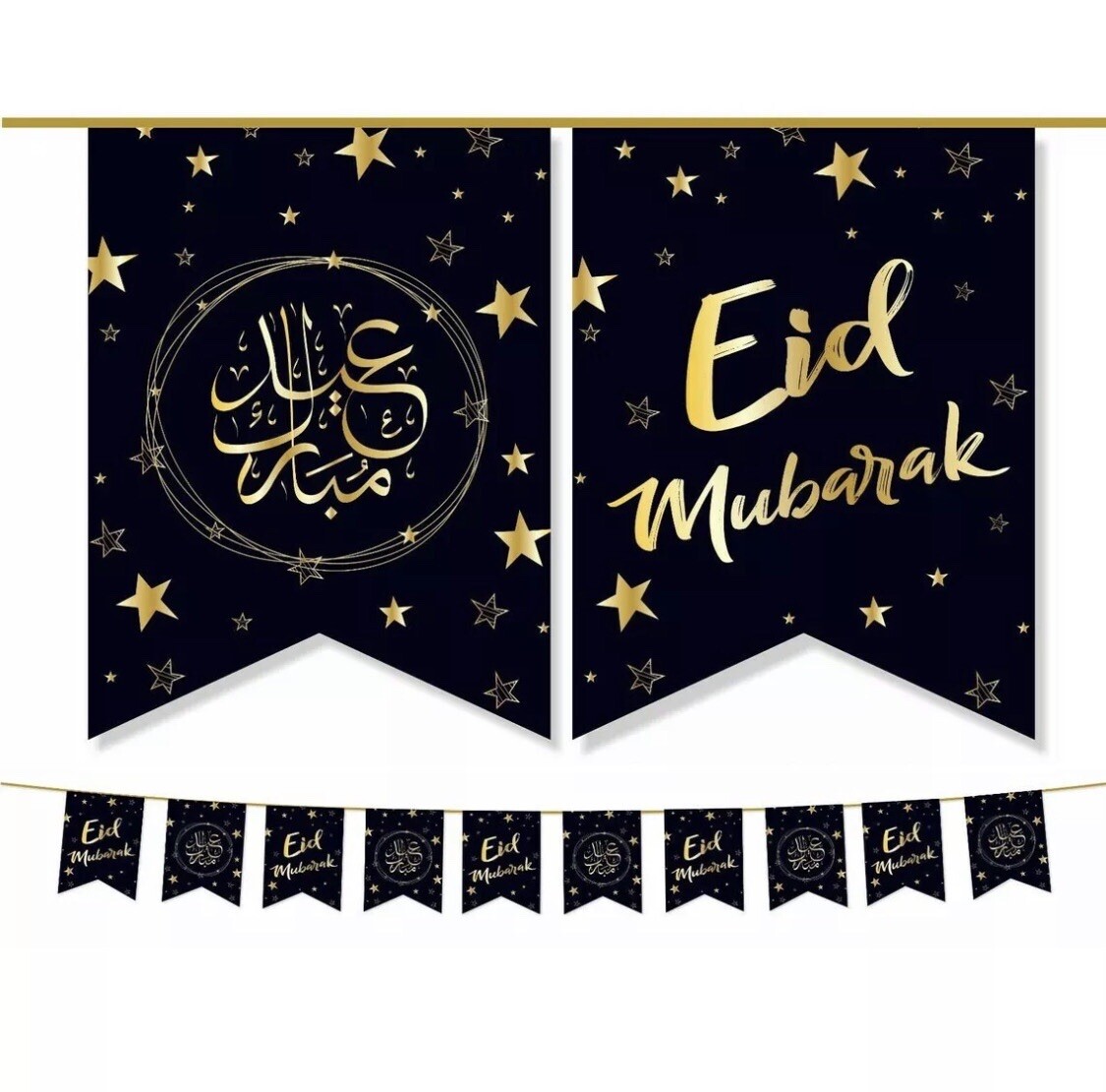 Eid Mubarak Banner Bunting Black Gold Eid Banner Backdrop Background ...