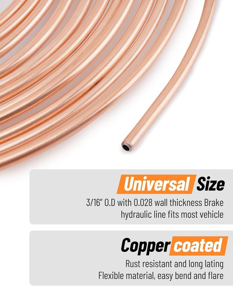 Copper Coated Brake Line 3/16 25FT & Flaring Tool + 20 Nuts Fittings ...