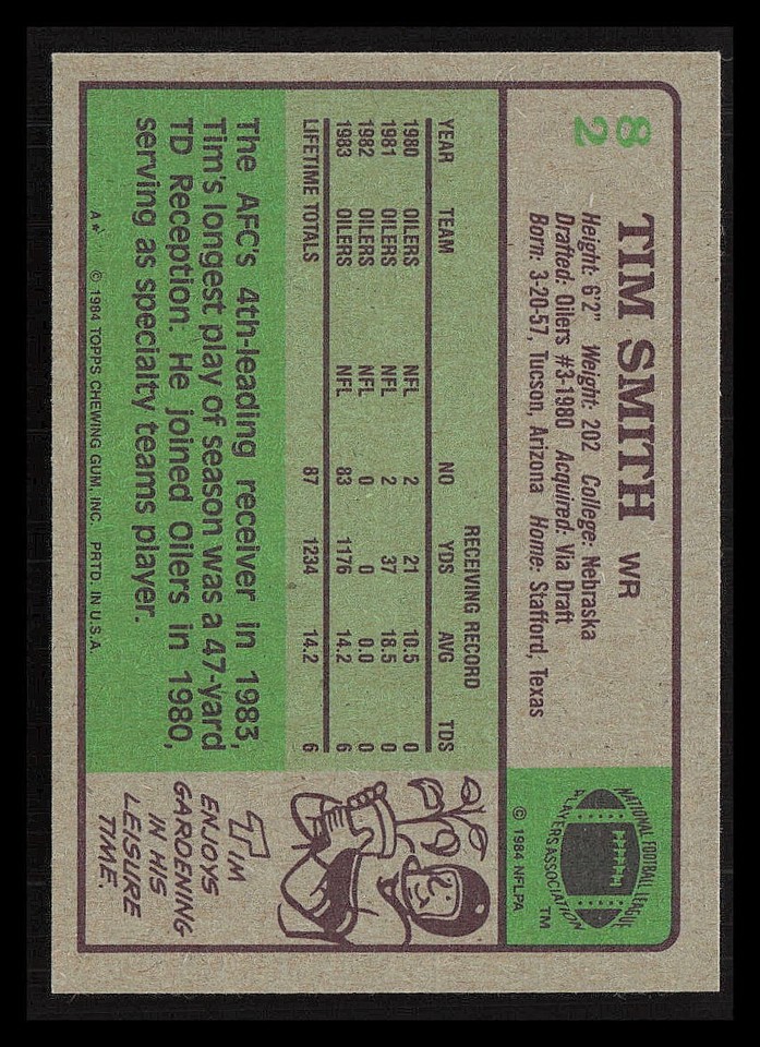 Tim Smith 1984 Topps #82 Houston Oilers Rookie | eBay
