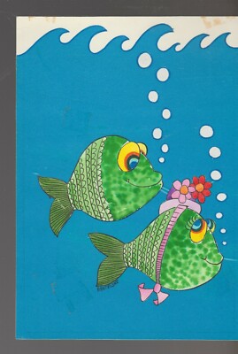 HAPPY ANNIVERSARY Two Cartoon Fish w/ Bbbles 5x7" Greeting Card Art # ...