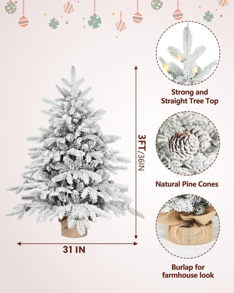3FT Prelit Flocked Tabletop Christmas Tree Artificial Small Xmas Tree ...