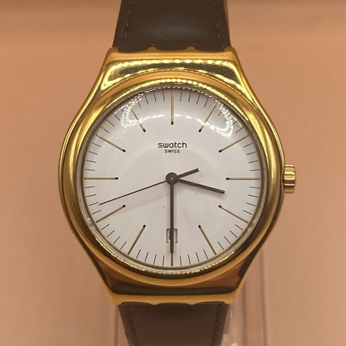 Swatch Watch Quartz Analog Time/Date Gold Brown Baton Stick Indices ...