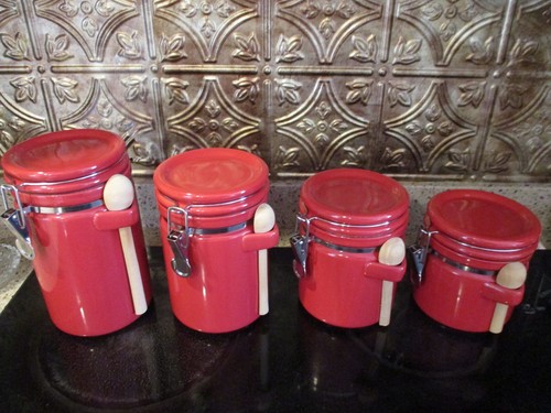 Vintage Set of 4 Red Ceramic Canisters with Spoons | eBay