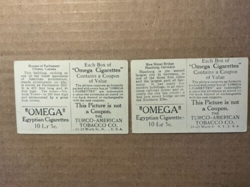 2 beautiful Omega Cigarette cards showing Ottawa Ca & Hamburg Germany ...