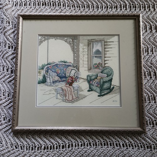 Completed Paula Vaughn Cross stitch Matted & Framed 15" X 17" Porch | eBay