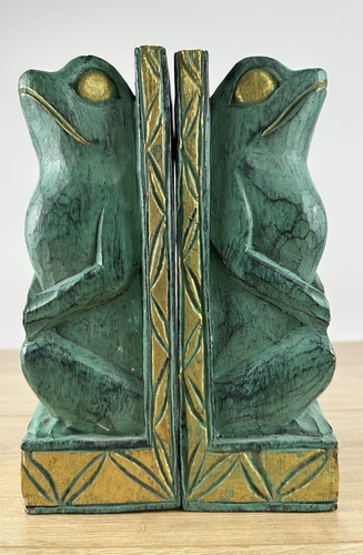 Hand Carved Wooden Large Frog Bookends Hand Painted 10" Tall | eBay