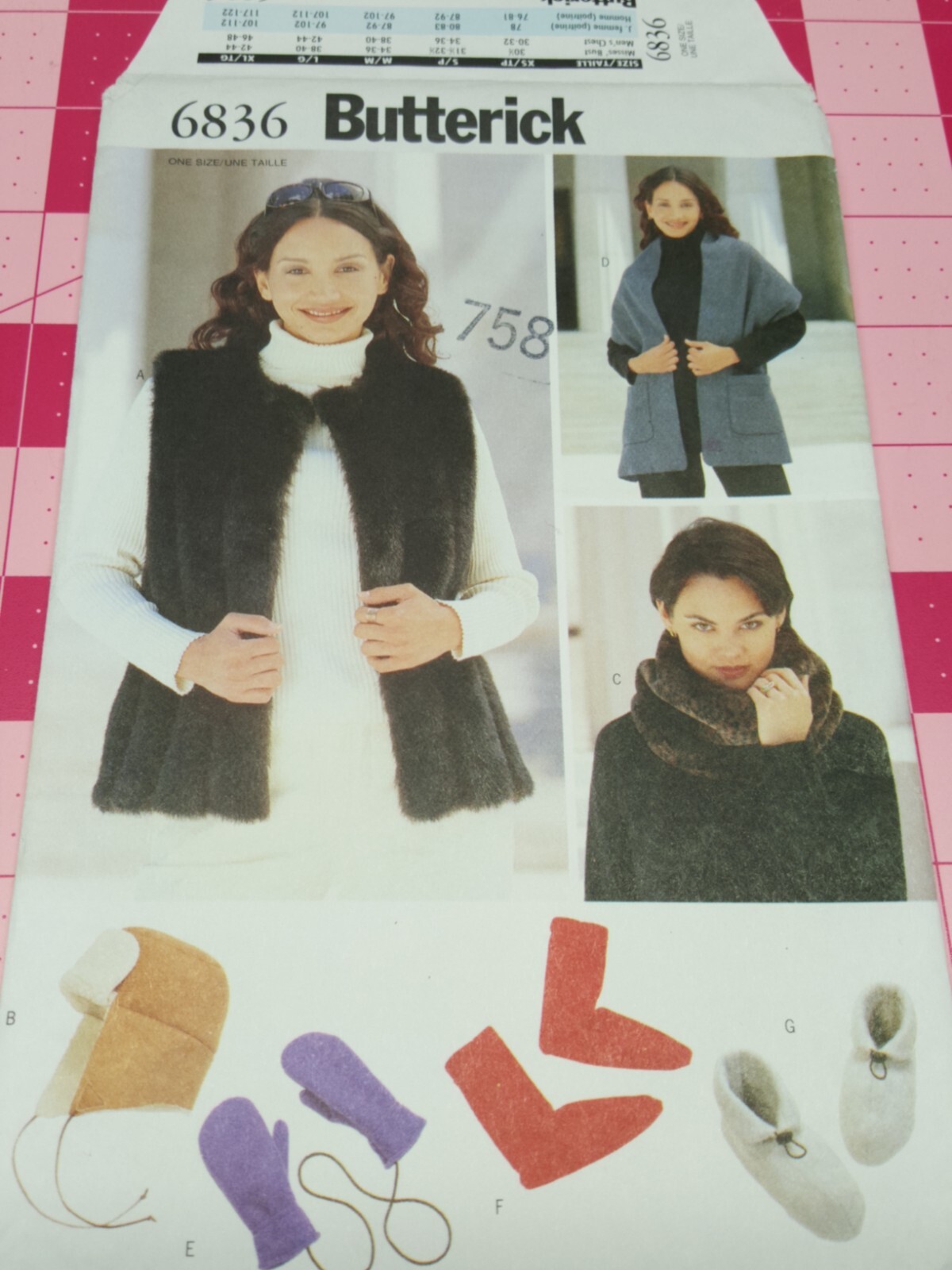 Butterick Pattern 6836 Polar Vest Hat Mittens Socks Slippers Wrap OSZ ...