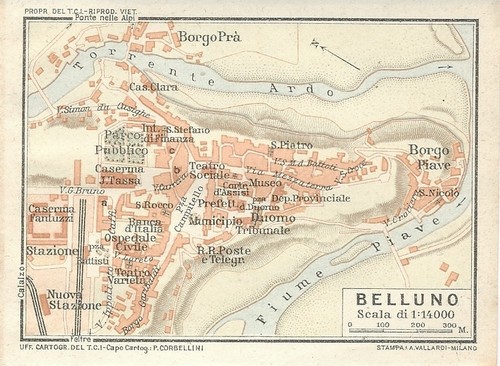 Carta geografica antica BELLUNO Pianta della città TCI 1920 Old antique ...