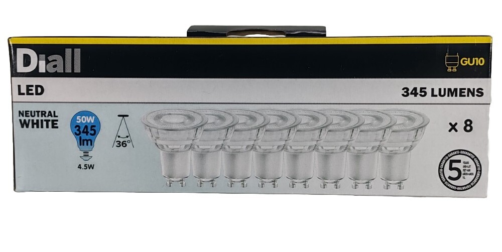 Diall GU10 4.5W 345lm Reflector Neutral white LED Light bulb Pack of 8 ...