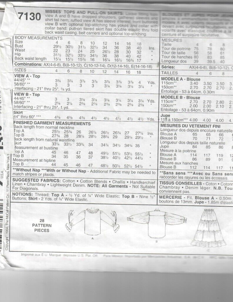McCall's 7130 Sewing Pattern Women's/Misses Tops Pullon Skirt VTG 1994 ...