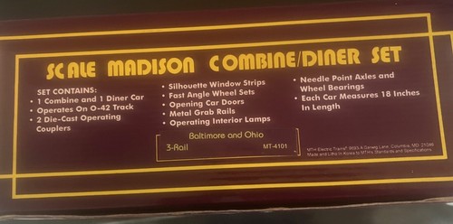 MTH O Scale MT-4101 Madison MADISON COMBINE/DINER SET BALTIMORE & OHIO ...