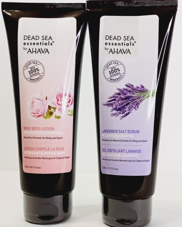 AHAVA Dead Sea Essentials ROSE Body Lotion /Lavender/Salt Scrub 7.5 oz ...