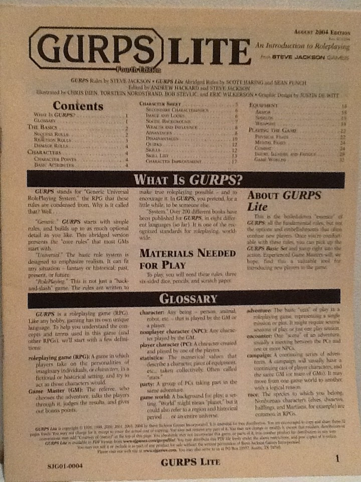 GURPS 4th Ed RPG Lite Softcover Book VERY GOOD Steve Jackson Game Basic ...