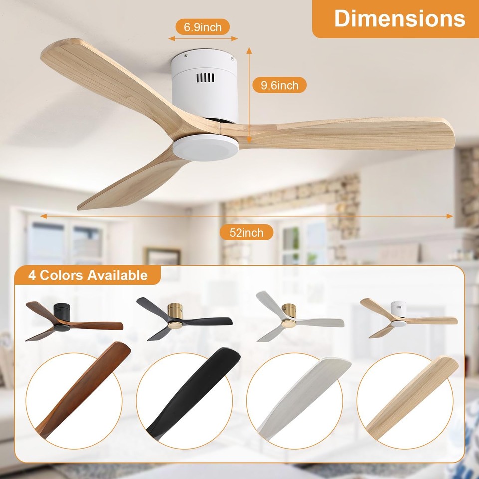 52 Inch Ceiling Fan No Light, Low Profile Flush Mount Modern Wood ...