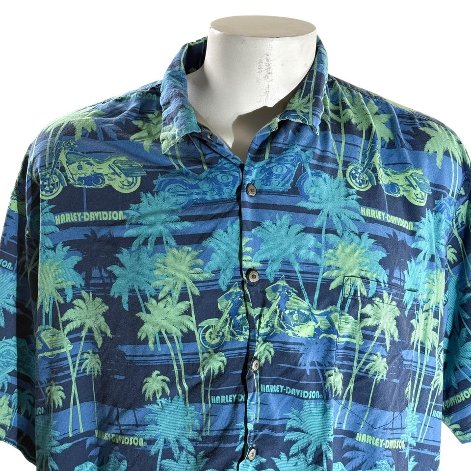 Harley-Davidson Hawaiian Shirt 3XL Motorcycles Palm Trees Blue Green ...