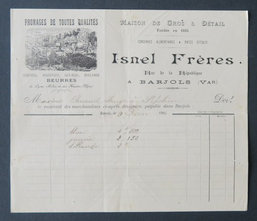 Facture 19067 BEURRES FROMAGES PATES ISNEL FRERES BARJOLS old bill ...