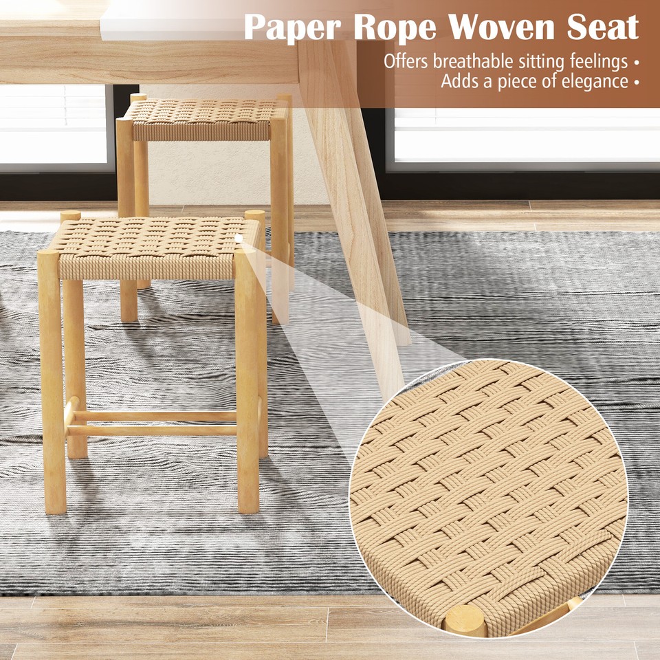 Set of 4 Dining Stool 18" Backless w/ Rubber Wood Frame Woven Paper ...