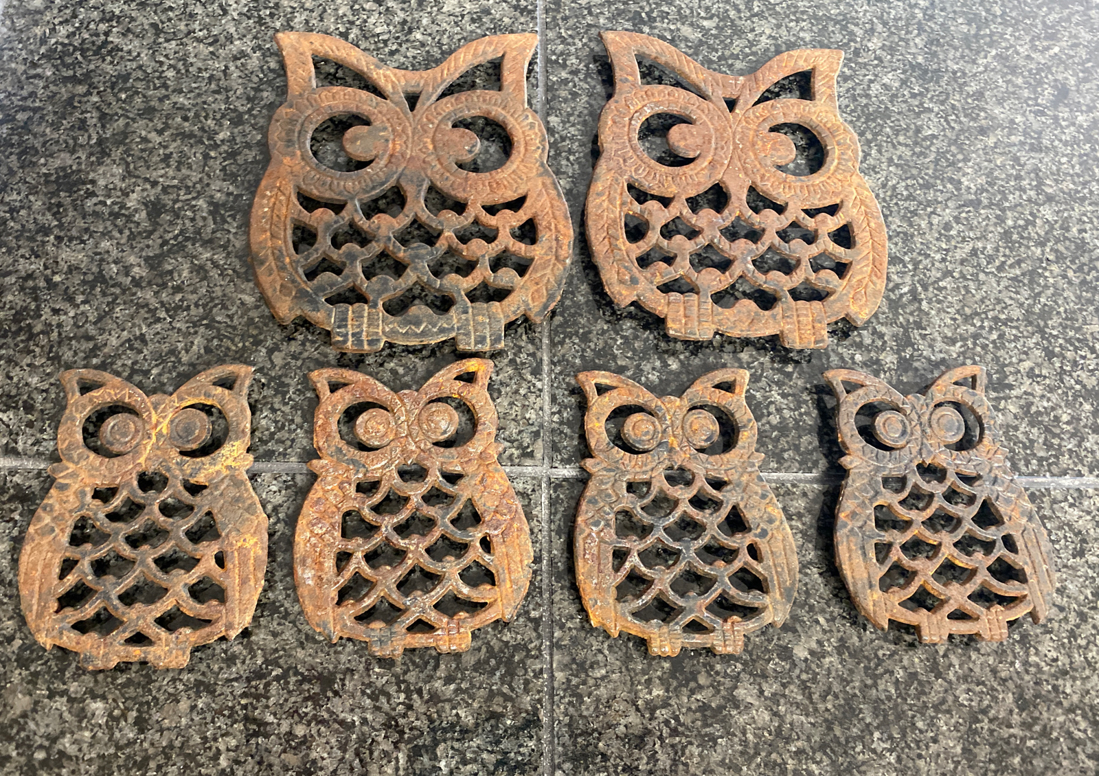 6 Vintage Owl Cast Iron Trivets, 2 Large, 4 Small, Made In Taiwan, Old ...