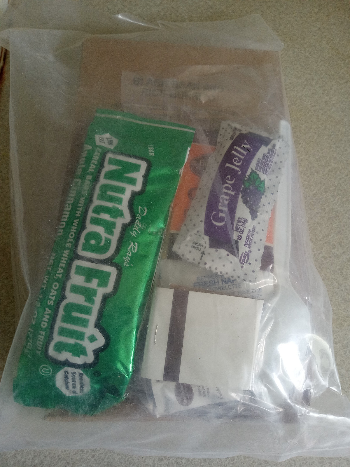 MRE Black Beans Burrito/Minestrone salt pepper nutra bar spoon ...