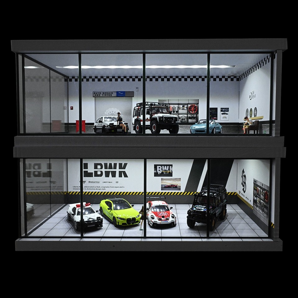 1/64 Diorama Diecast Car Garage Model LED City Street Building Display ...