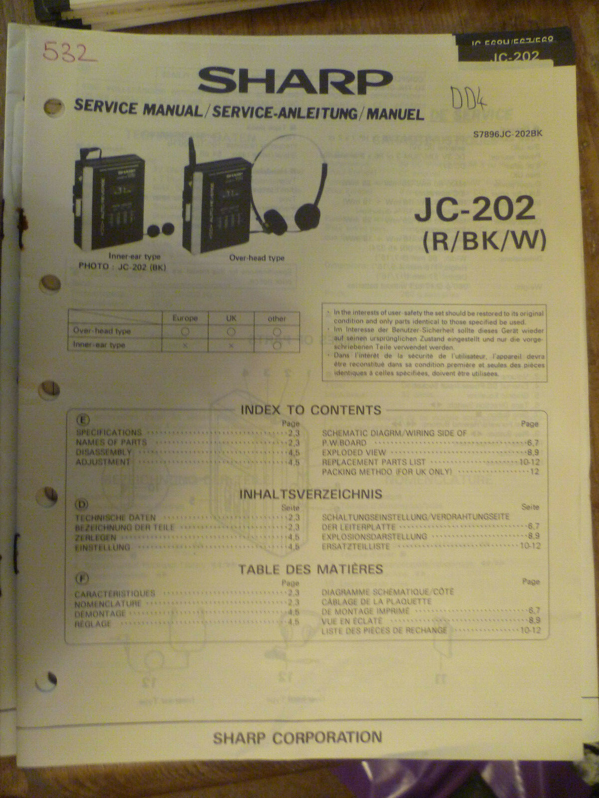 Sharp JC-202 Cassette Player Original Service Manual | eBay