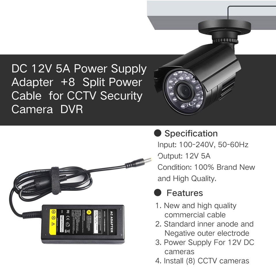 Power Supply Adapter with 8 way Splitter Security system CCTV DVR ...