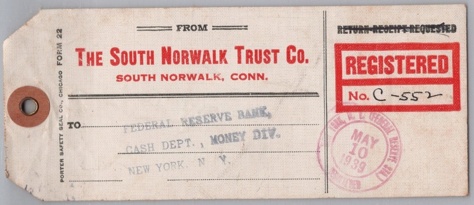 US Scott #834 571 pair on Registered Postal Cover Bank Shipping Tag ...