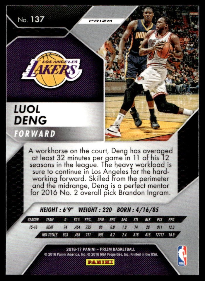 2016-17 Panini Prizm Silver 137 Luol Deng Los Angeles Lakers Basketball ...
